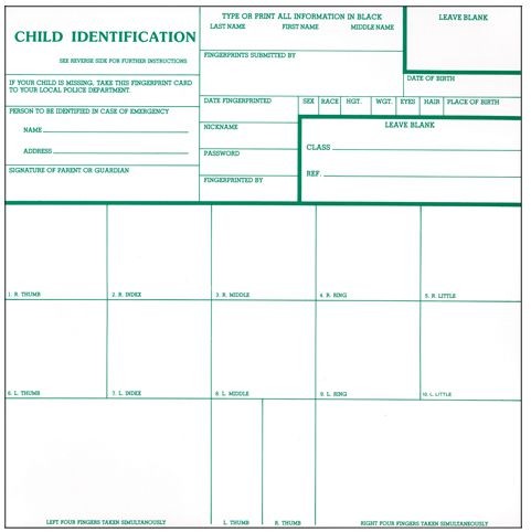Child Identification Fingerprint Cards